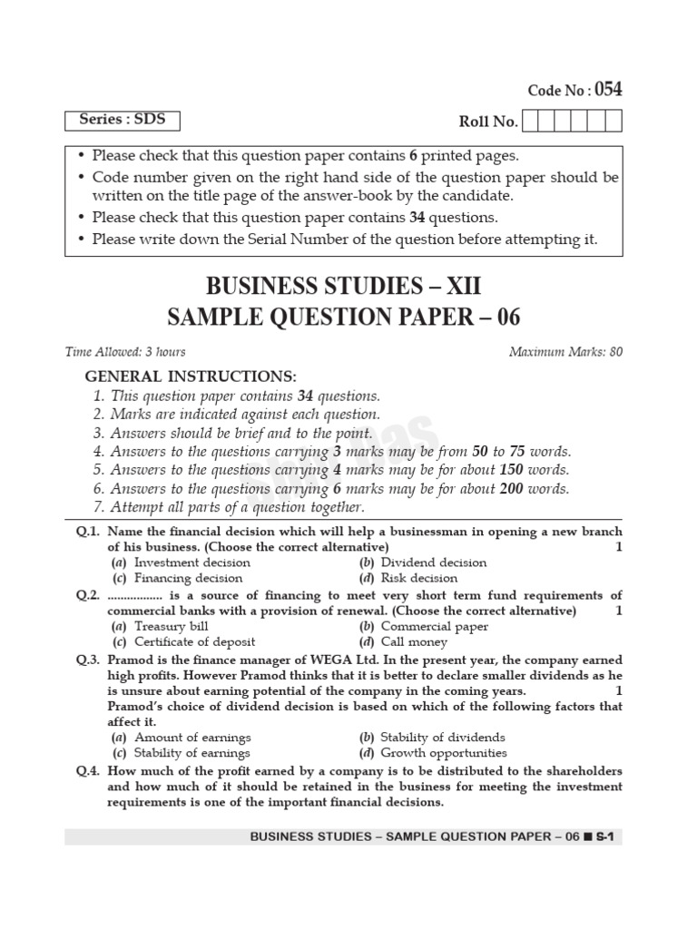 Class XII Business Studies Sample Paper | PDF