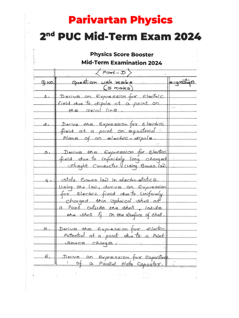 2nd Puc Physics Midterm Exam 2024 Most Important Questions | PDF