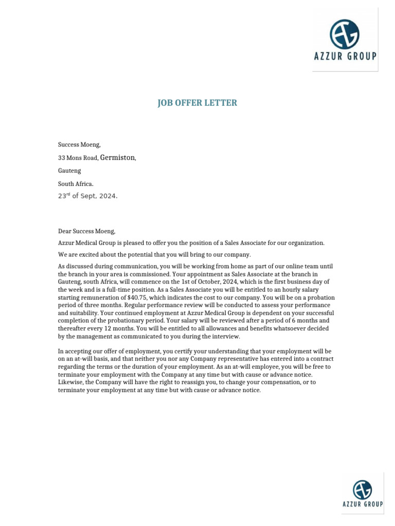AZZUR MEDICAL GROUP JOB OFFER LETTER Edited | PDF
