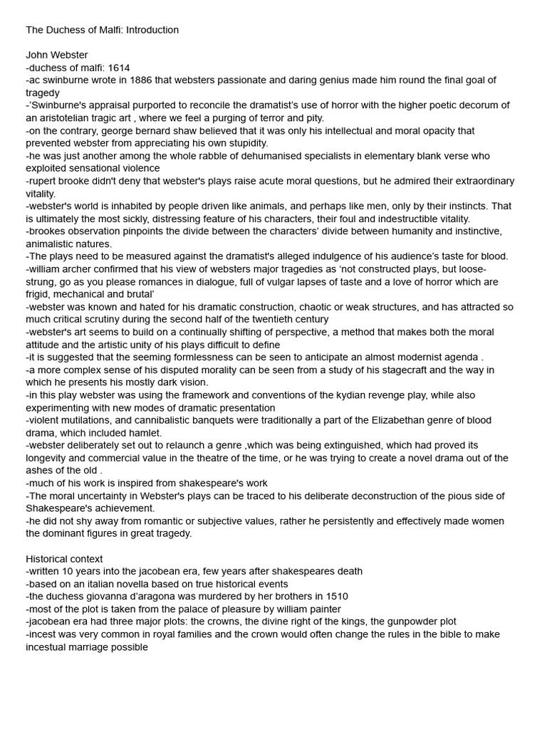 The Duchess of Malfi - Notes | PDF