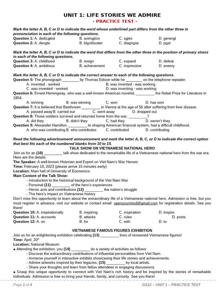 GS12 - UNIT 1 - PRACTICE TEST | PDF