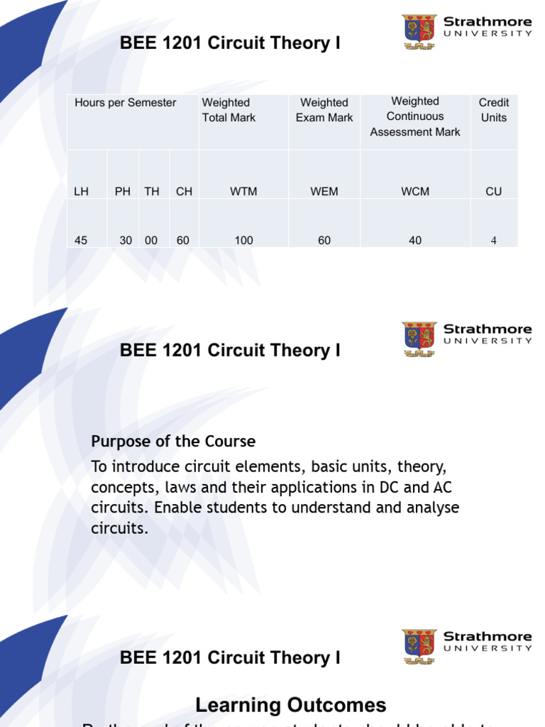 09.46.06.11.2023 BSC EEE Circuit Theory I Lect 1 BEE 1201 | PDF