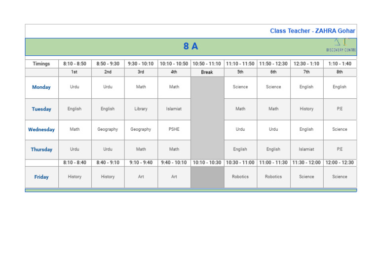 EXTERNAL - Class Timetables - XLSX - 8 A | PDF