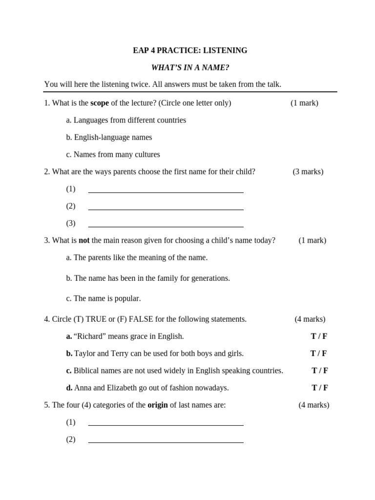 EAP4 Week 5 Thur Listening - Whats in A Name | PDF