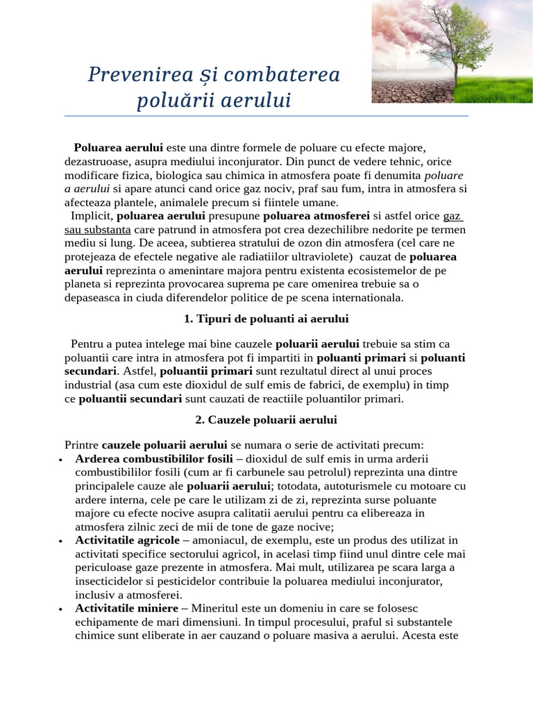 Prevenirea Și Combaterea Poluării Aerului | PDF