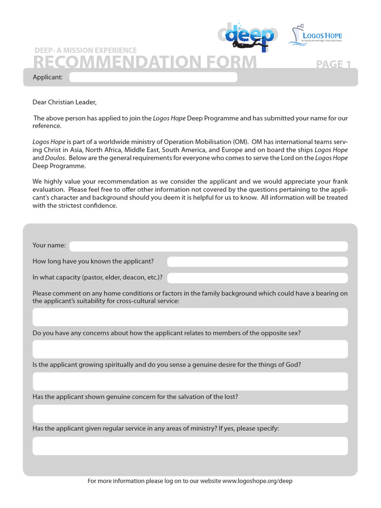 DEEP MISSION Recomendation Form | PDF