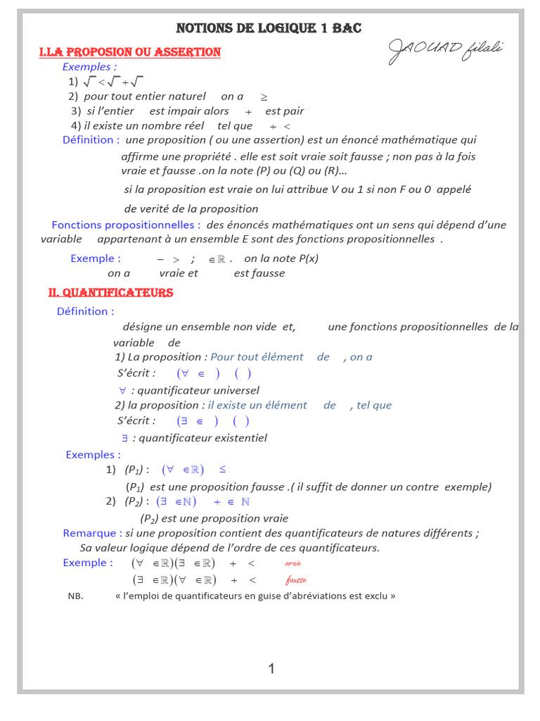Notions de Logique 1 Bac: Définition | PDF