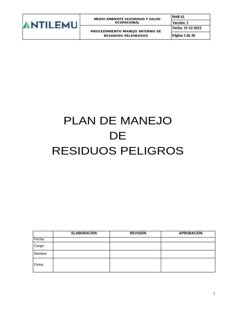 Plan de Manejo de Residuos Peligroso | PDF