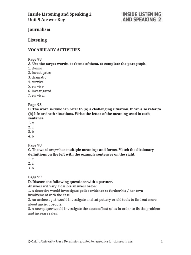 Inside Listening and Speaking 2 Unit 9 Answer Key Journalism Listening Vocabulary Activities | PDF