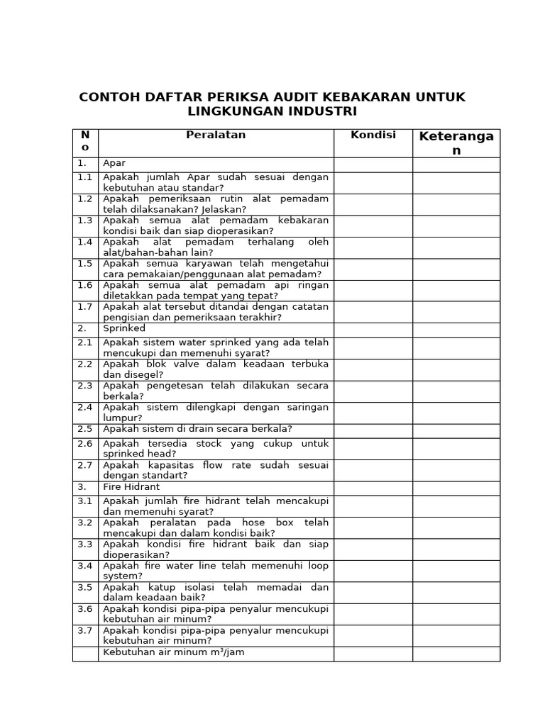 CONTOH DAFTAR PERIKSA AUDIT KEBAKARAN UNTUK LINGKUNGAN INDUSTRI-xii ... CONTOH DAFTAR PERIKSA AUDIT KEBAKARAN UNTUK LINGKUNGAN INDUSTRI-xii ...