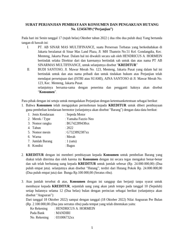 Contoh Surat Perjanjian Pembiayaan Konsumen Dan Pengakuan Hutang | PDF