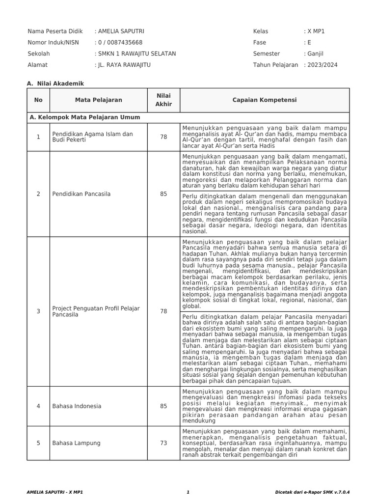 RAPOR AMELIA SAPUTRI - X MP1 | PDF