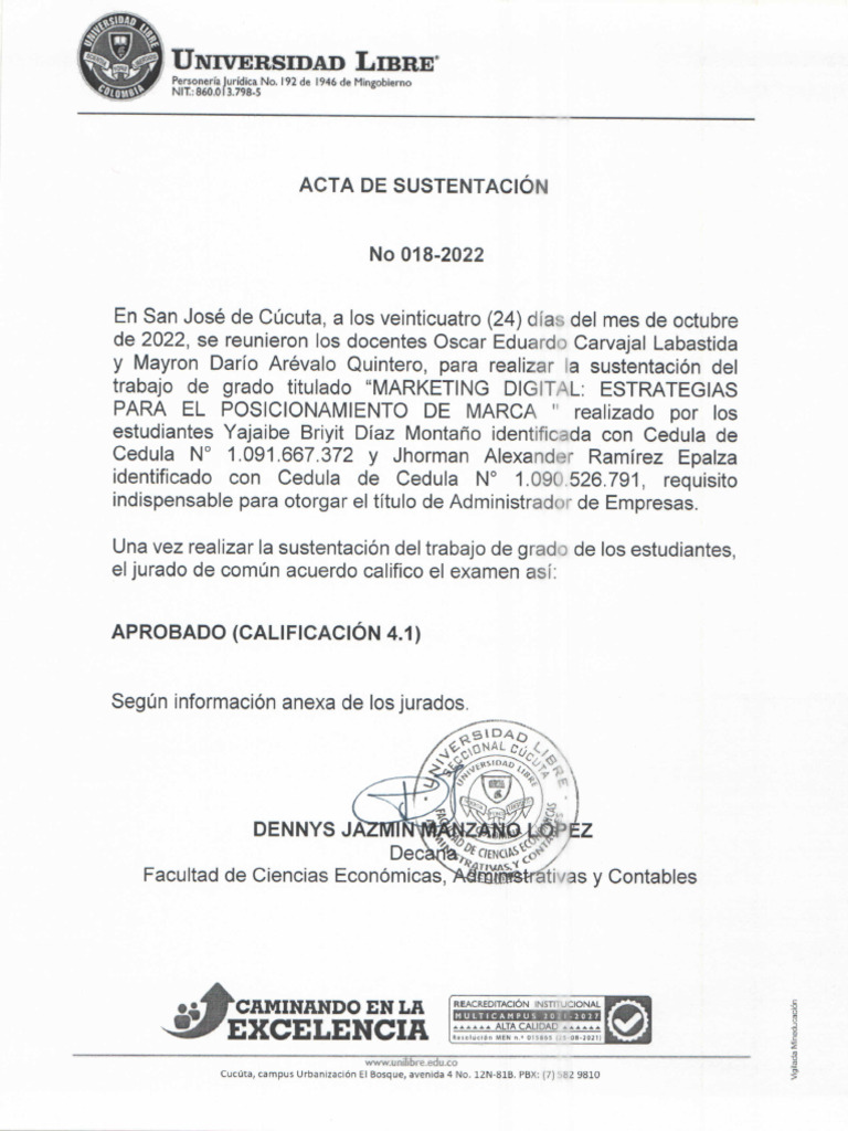 Acta de Sustentacion 018 - 2022 | PDF