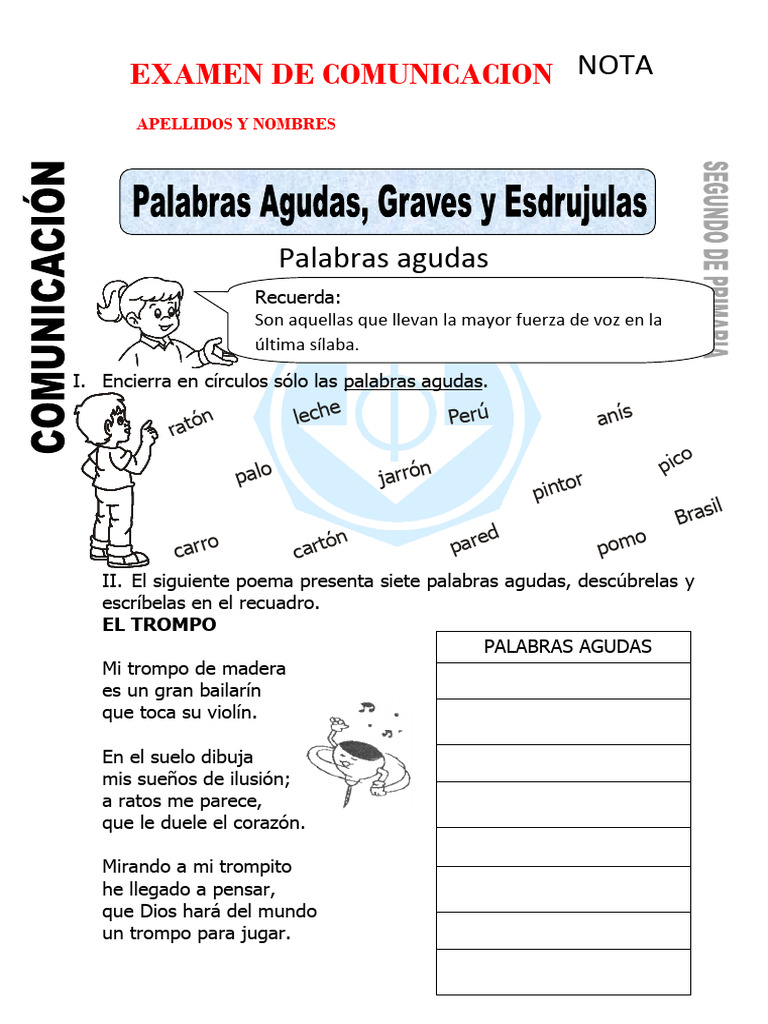 Ficha de Palabras Agudas Graves y Esdrujulas para Segundo de Primaria | PDF