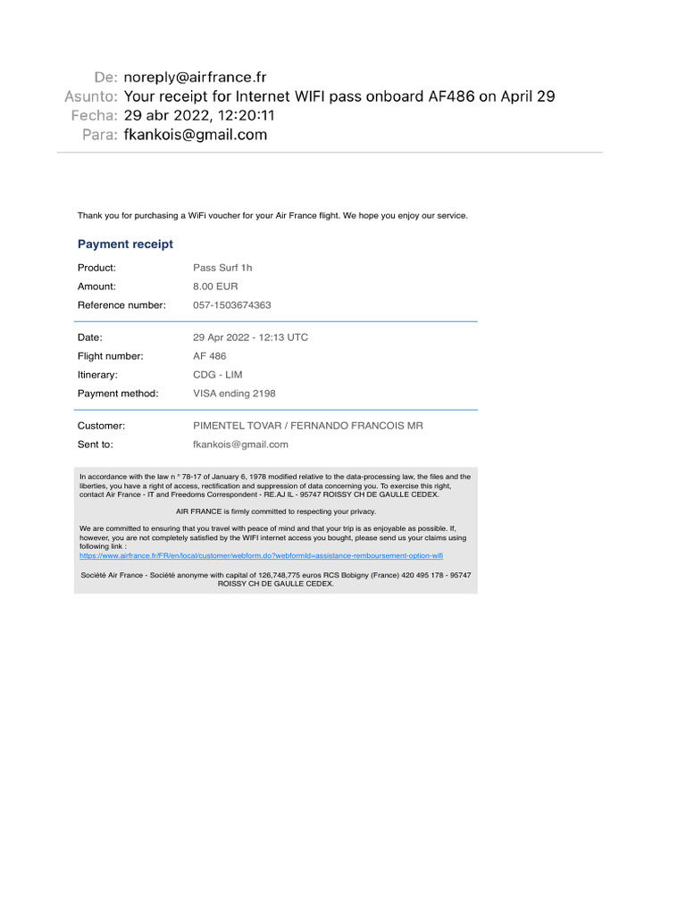 Your Receipt For Internet WIFI Pass Onboard AF486 On April 29 | PDF