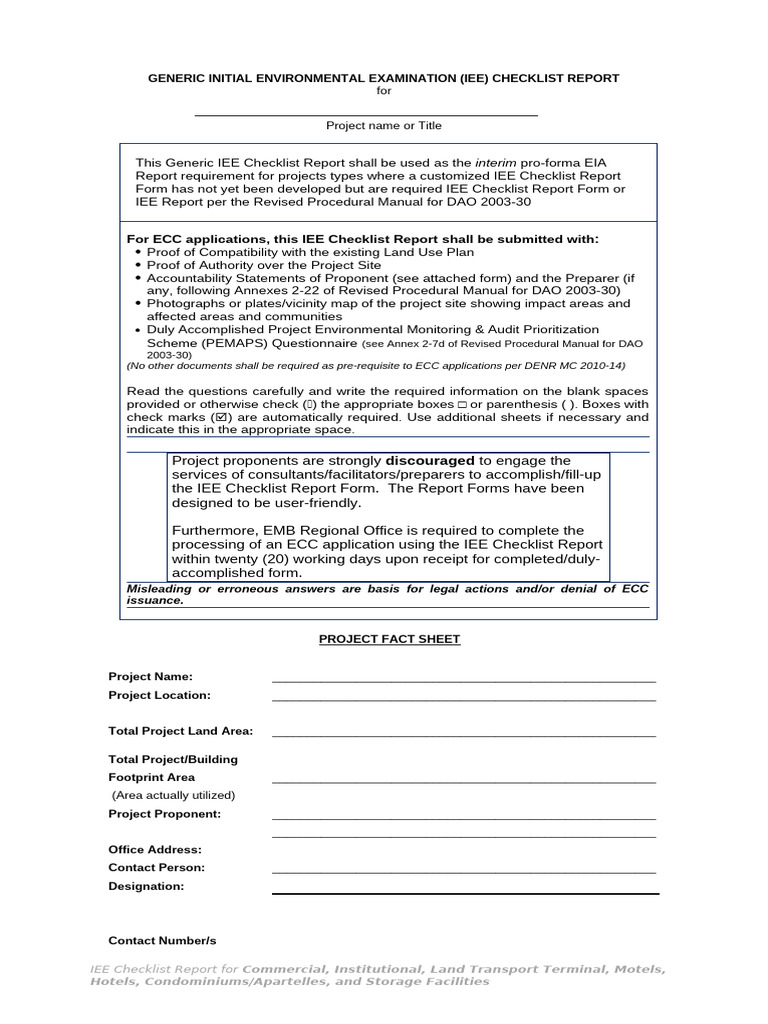 No. 1 Requirement - GENERIC IEE Checklist Form - NEW | PDF