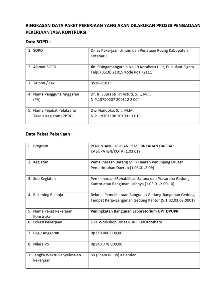 Ringkasan Paket Lab. Pupr | PDF