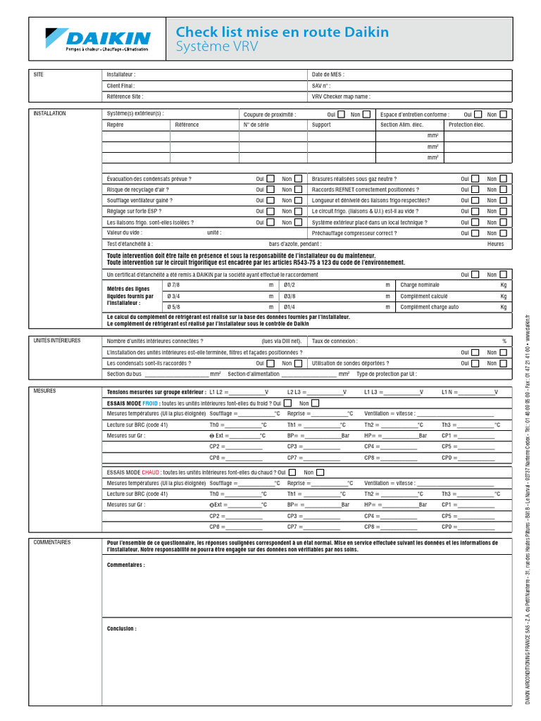 Check List - VRV - 042016 - Check List de Mise en Service - FRENCH | PDF