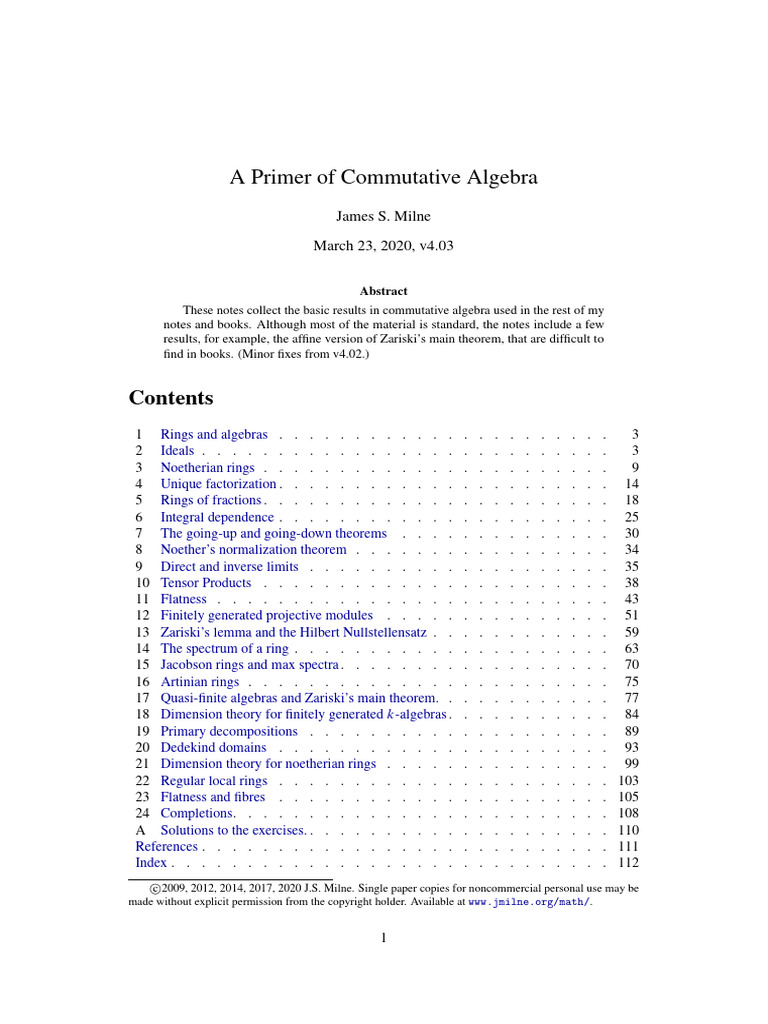 A Primer of Commutative Algebra: James S. Milne March 23, 2020, v4.03 | PDF
