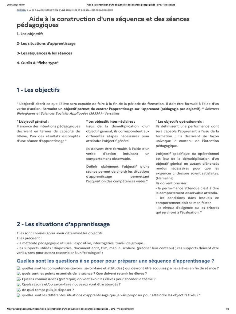 Aide À La Construction D'une Séquence Et Des Séances Pédagogiques - CPE - Vie Scolaire | PDF