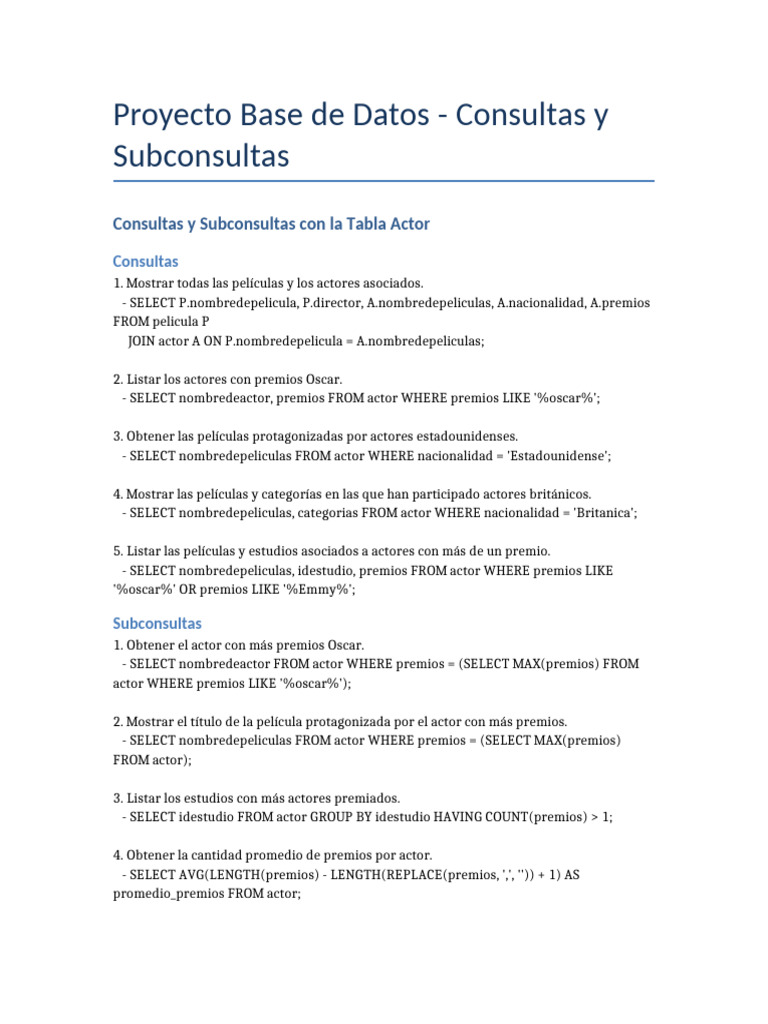 Proyecto Base Datos Consultas Subconsultas Vfinal | PDF