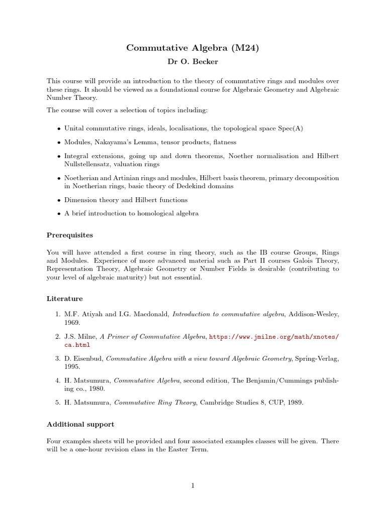 Commutative Algebra Becker | PDF