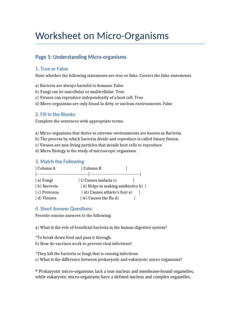 Micro-Organisms Worksheet | PDF | Microorganism | Bacteria