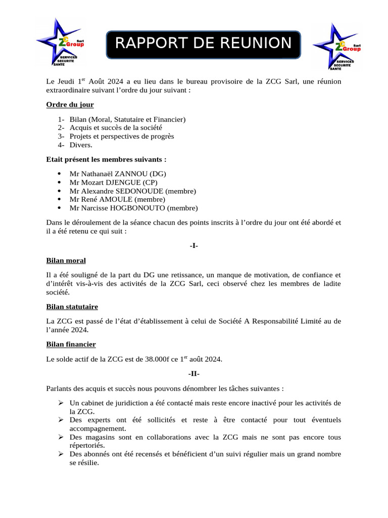 Rapport de Reunion ZCG | PDF