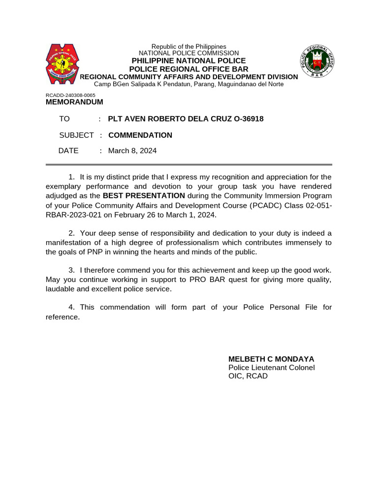 Sample Commendation | PDF