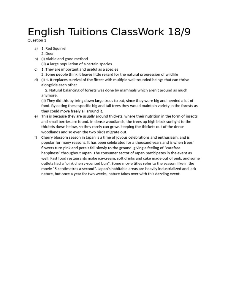 English Tuitions ClassWork 18.9 | PDF