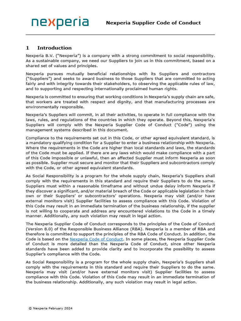 Nexperia Supplier Code of Conduct February 2024 | PDF