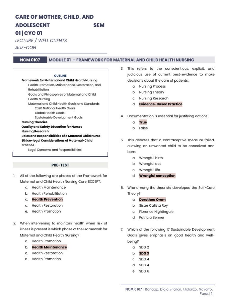 01 LEC Framework For Maternal and Child Health Nursing | PDF