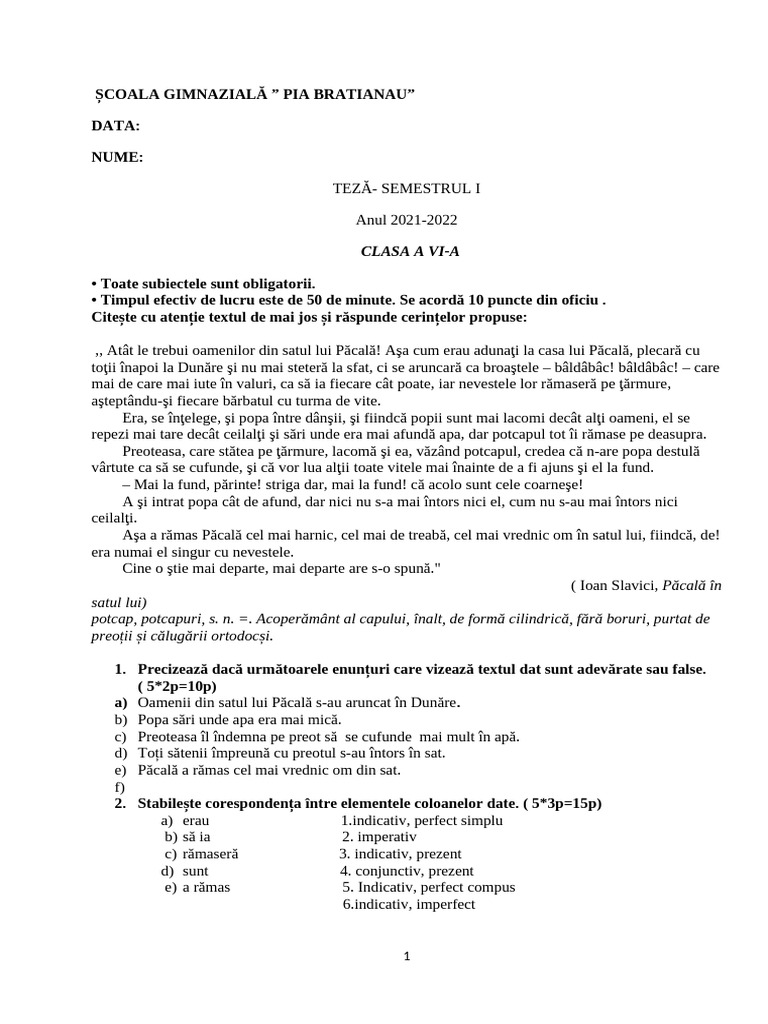 Teza Cls.6-Decembrie 2021 | PDF