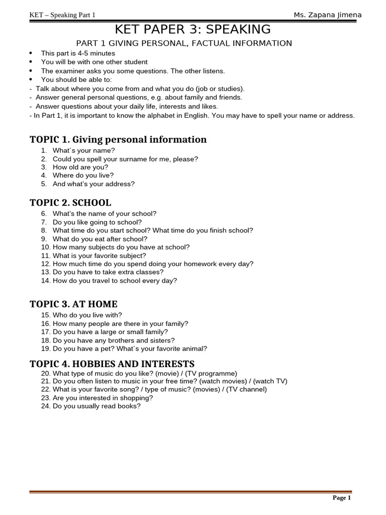 SAMPLE QUESTIONS - SPEAKING PART 1 | PDF