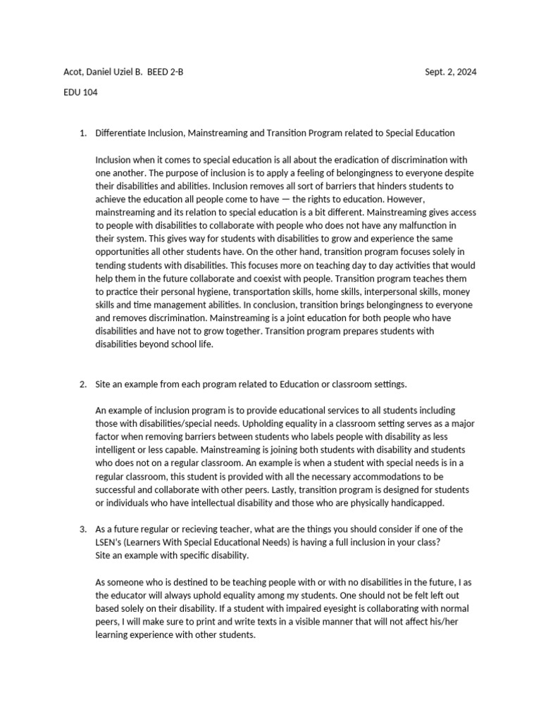 Inclusion Mainstreaming Transition | PDF | Disability | Special Education