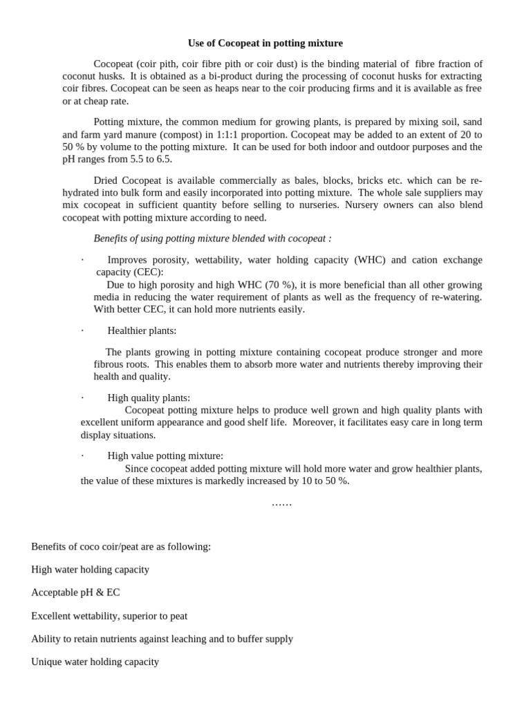 Use of Cocopeat in Potting Mixture | PDF