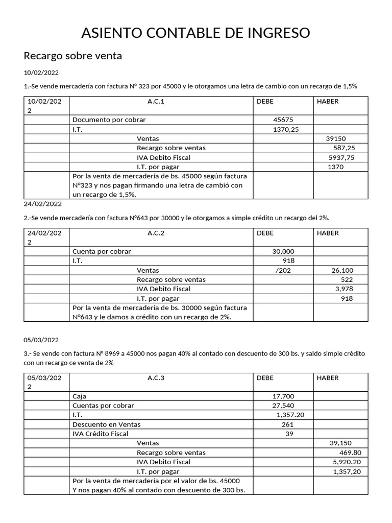 ASIENTO CONTABLE DE INGRESO - Docx 222 | PDF