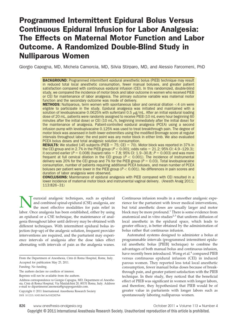 Programmed Intermittent Epidural Bolus Versus.26 | PDF