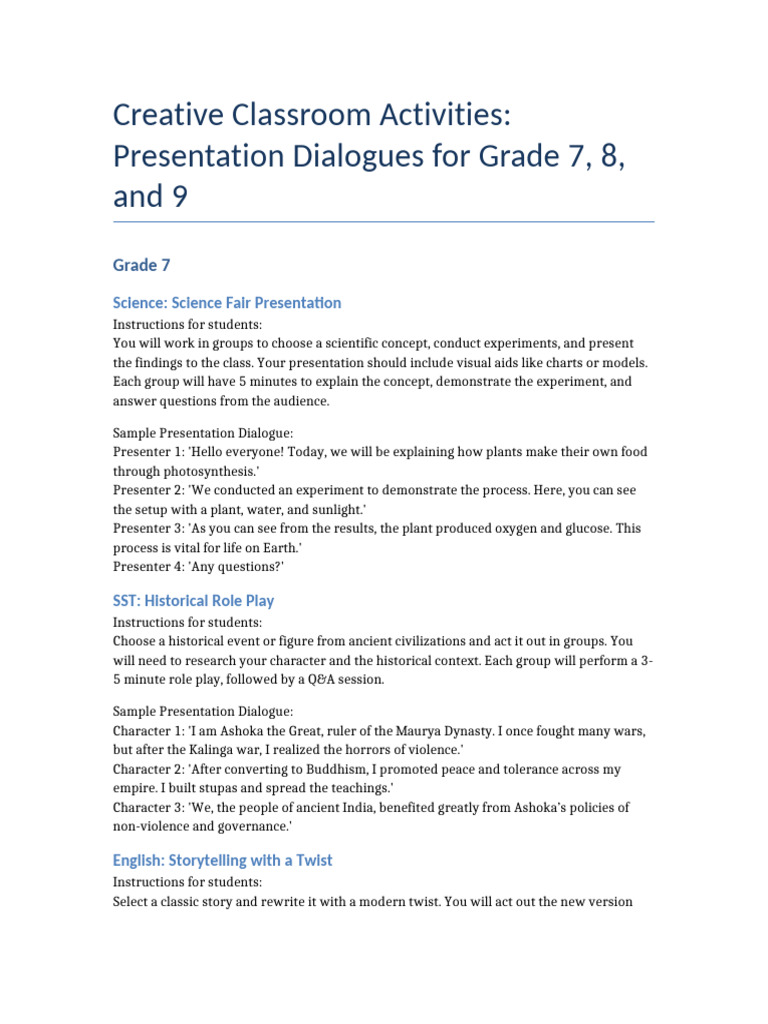 Creative Classroom Activities Presentation Dialogues Grade 7 8 9 | PDF