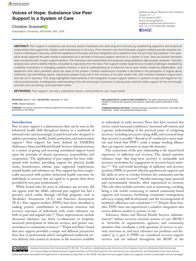 Scannell 2021 Voices of Hope Substance Use Peer Support in A System of ...