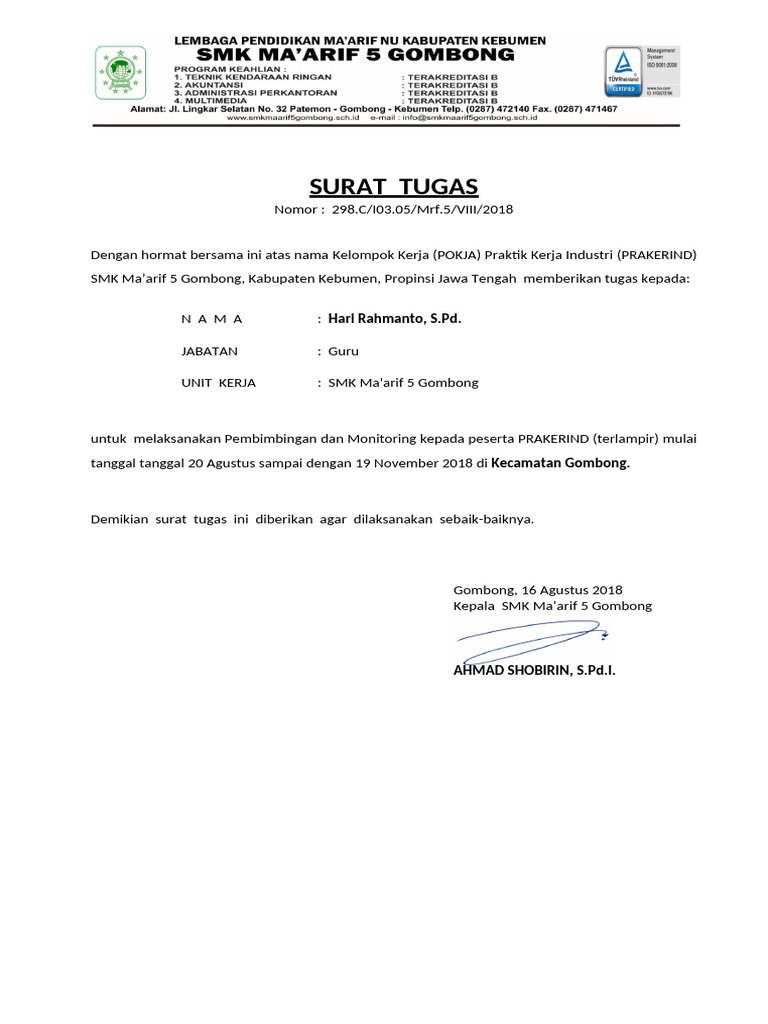 Surat Tugas Pembimbing Kec Gombong | PDF