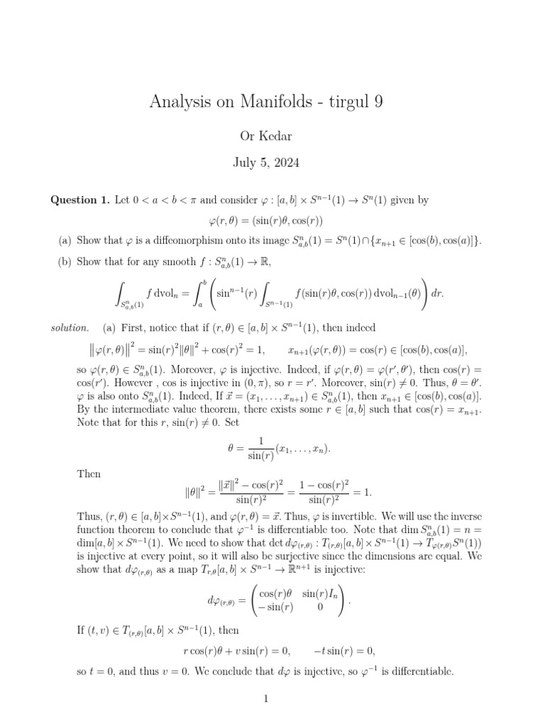 Analysis On Manifolds Tirgul 9 | PDF