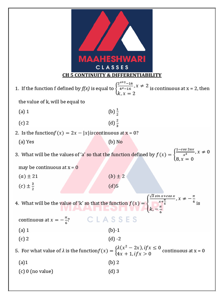 CH 5 CONTINUITY & DIFFERENTIABILITY Maaheshwari Classes | PDF
