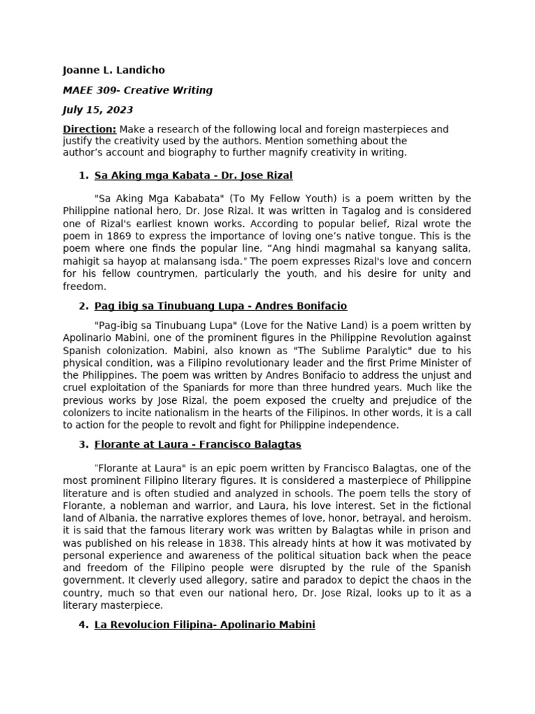 Creative Writing-Landicho, J.L. | PDF | Philippines | Classics