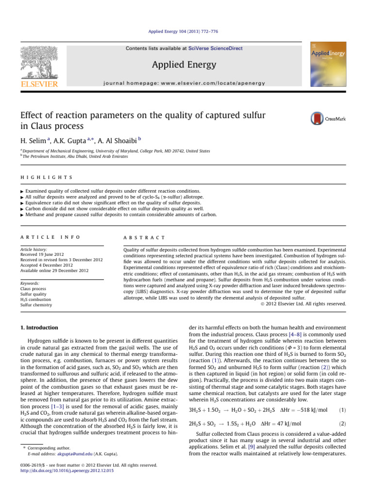 Effect of Reaction Parameters On The Quality of Captured Sulfur | PDF