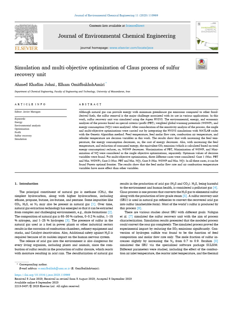 Simulation and Multi-Objective Optimization of Claus Process of Sulfur ...