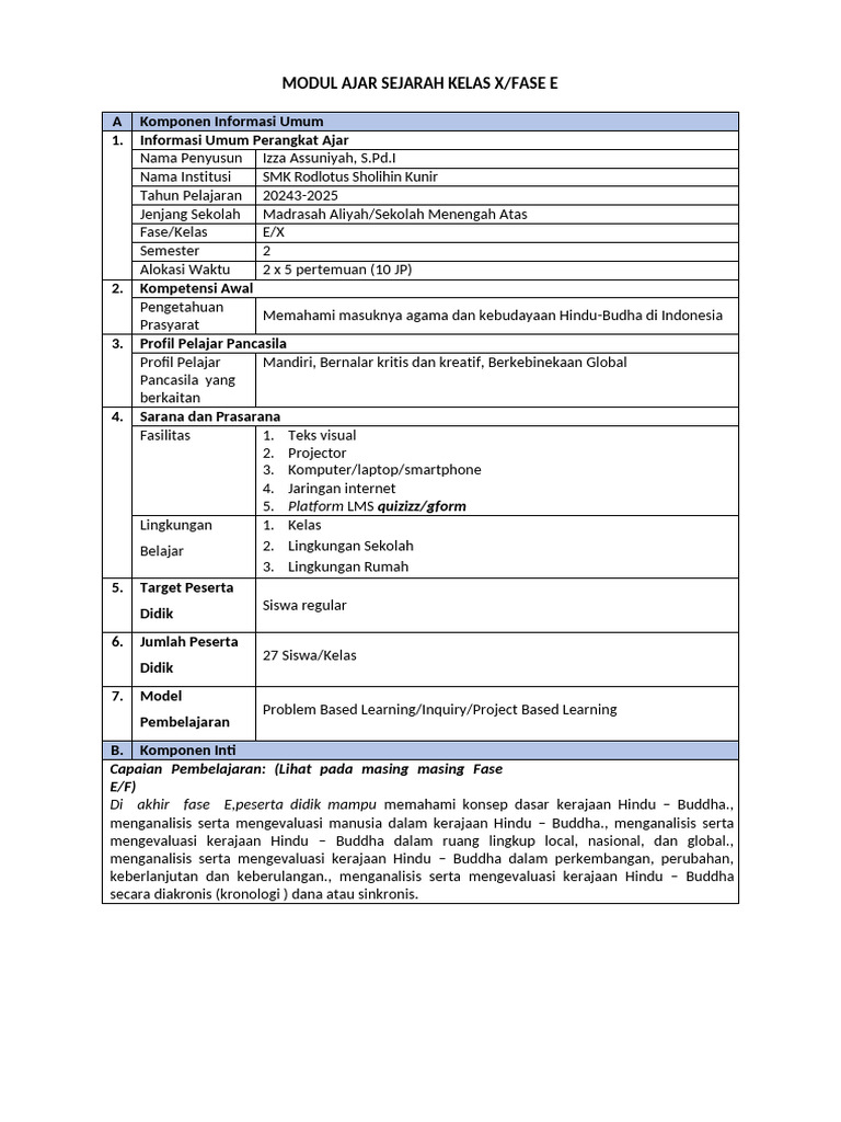 Modul Ajar Sejarah Kelas X Kurikulum Merdeka | PDF
