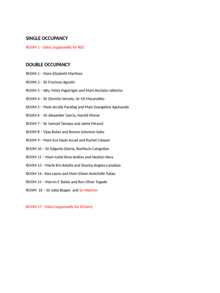 Manila Prince Hotel Room Assignments | PDF