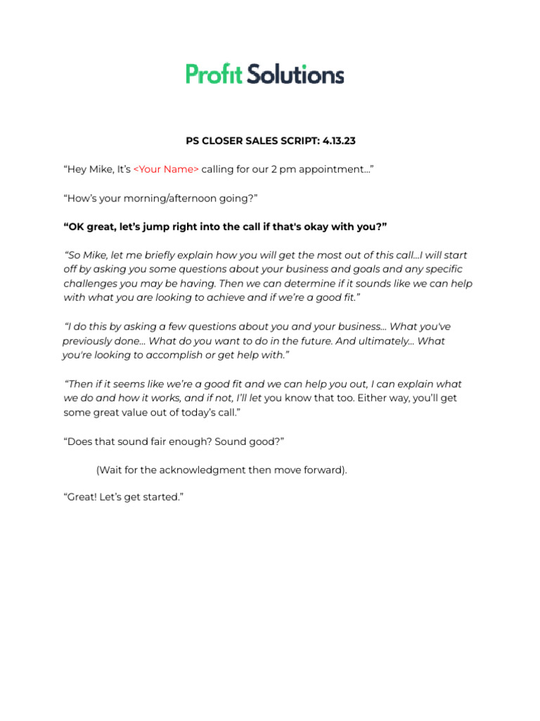 Sample PS Closer Sales Script | PDF