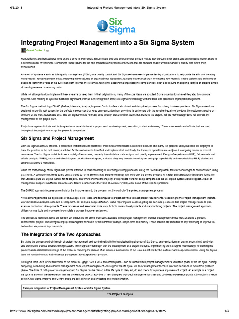 Integrating Project Management Into A Six Sigma System | PDF